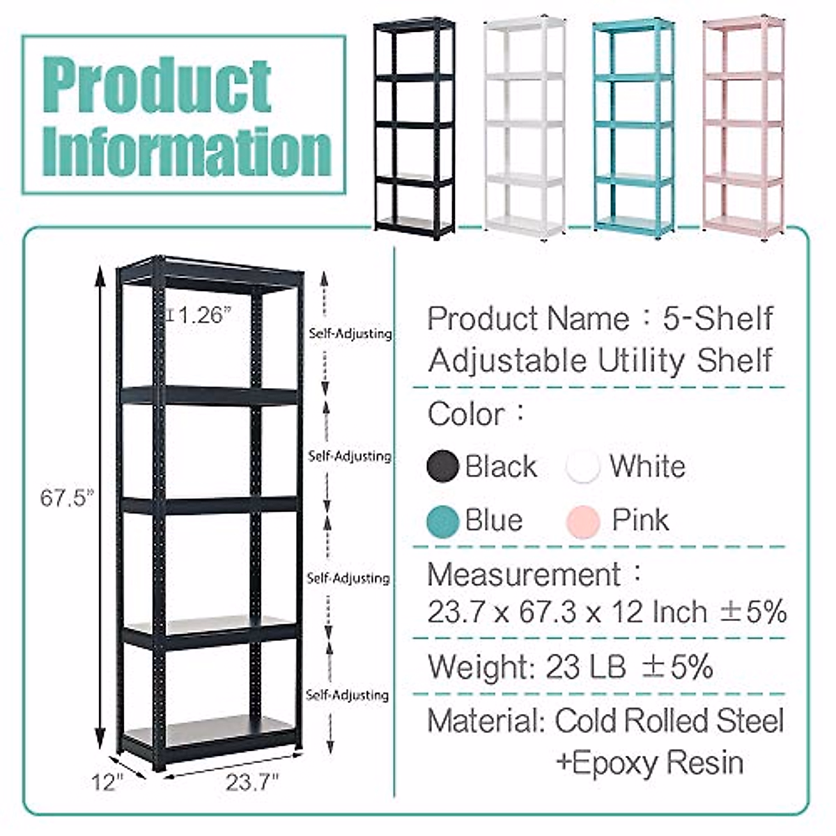 Lomani 5-Shelf Adjustable Utility Shelving Unit, 5-Tier Storage Shelf, Book Shelf, Kitchen Utility Organizer Shelf-BK