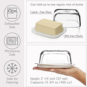 Crystalia Butter Dish with Lid, Large Plastic Butter Keeper with Glass Cover, Cute European Butter Stick Holder, Vintage Butter Tray for Countertop, Big Traditional Clear Glass Cream Cheese Dish