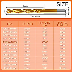 Luckyway 14-Piece Titanium Twist Drill Bit Set, 1/16"-1/4" HSS 4341 for Wood Plastic Aluminum Alloy Drilling
