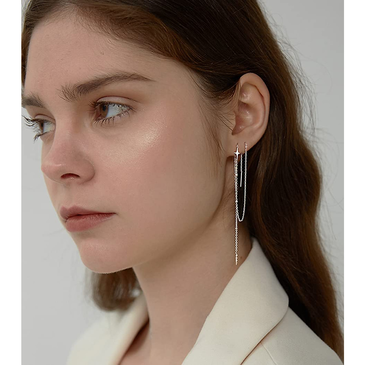 SLUYNZ 925 Sterling Silver Star Long Dangle Earrings Chain for Women Teen Girls Line Dangle Earrings Tassel Threader Chain (A-Silver)