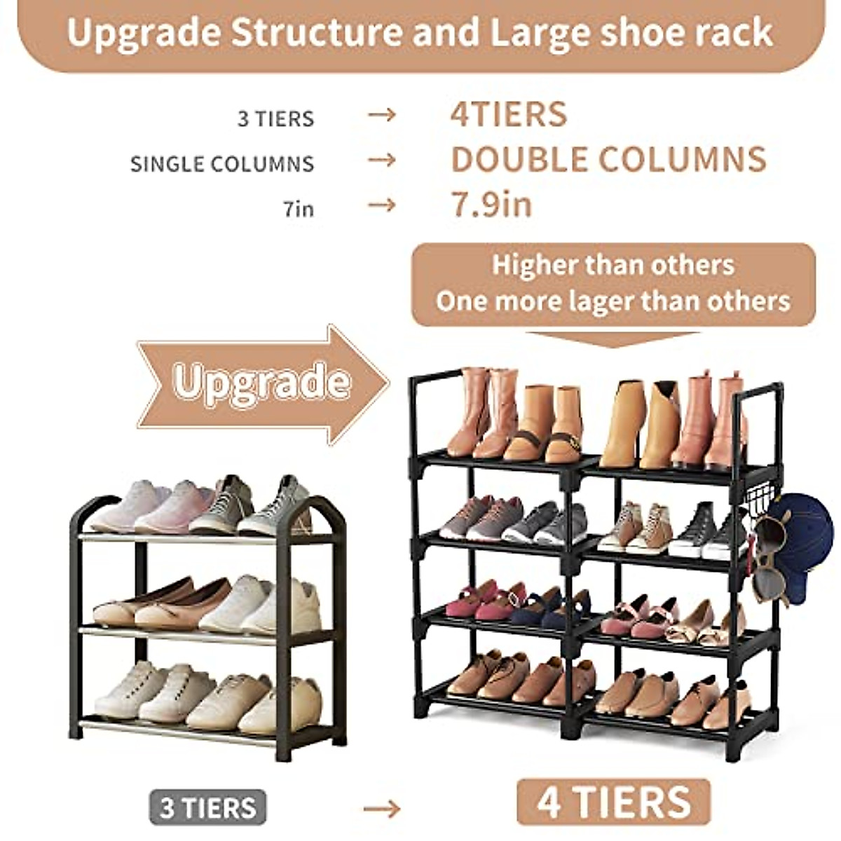 ROJASOP Shoe Rack Storage Organizer for Closet Entryway,16 Pairs 4-Tier Stackable Shoe Shelf for Hallway Bedroom Garage Dorm with Side Hooks Black Free standing Space Saving Shoe Tower