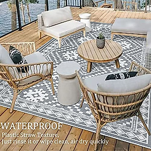 famibay 5x8 Outdoor Rug Waterproof Plastic Straw Rug Patio Rugs Outdoor Waterproof Reversible Patio Mat Lightweight Portable Aztec Outdoor Area Rug for Patio Deck Balcony Camping(Grey)