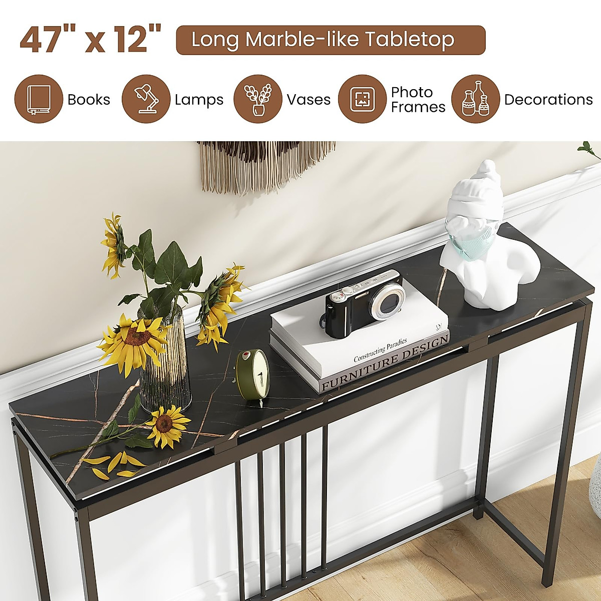 GOFLAME Narrow Console Table, 47” Sofa Tables Narrow Long with Faux Marble Tabletop & Metal Frame, Behind Couch Table, Entryway Table, Modern Foyer Tables for Entryway, Living Room, Black