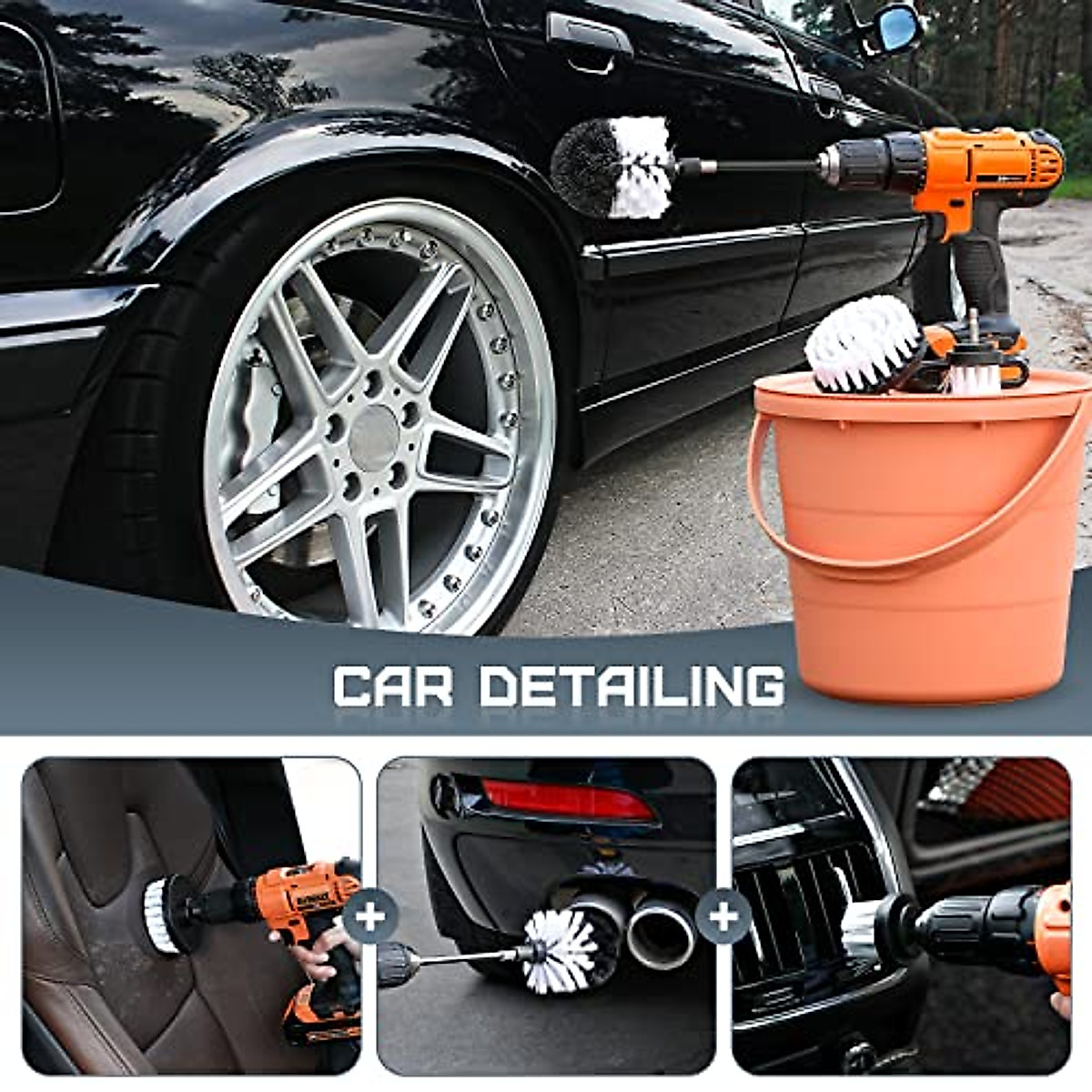 Soft White Drill Brush Attachment Set - Car Interior Detailing Kit, All Purpose Power Drill Brush with Extend Attachment for Car, Boat, Seat, Carpet, Upholstery, Bathroom, Grout, Floor and Tile