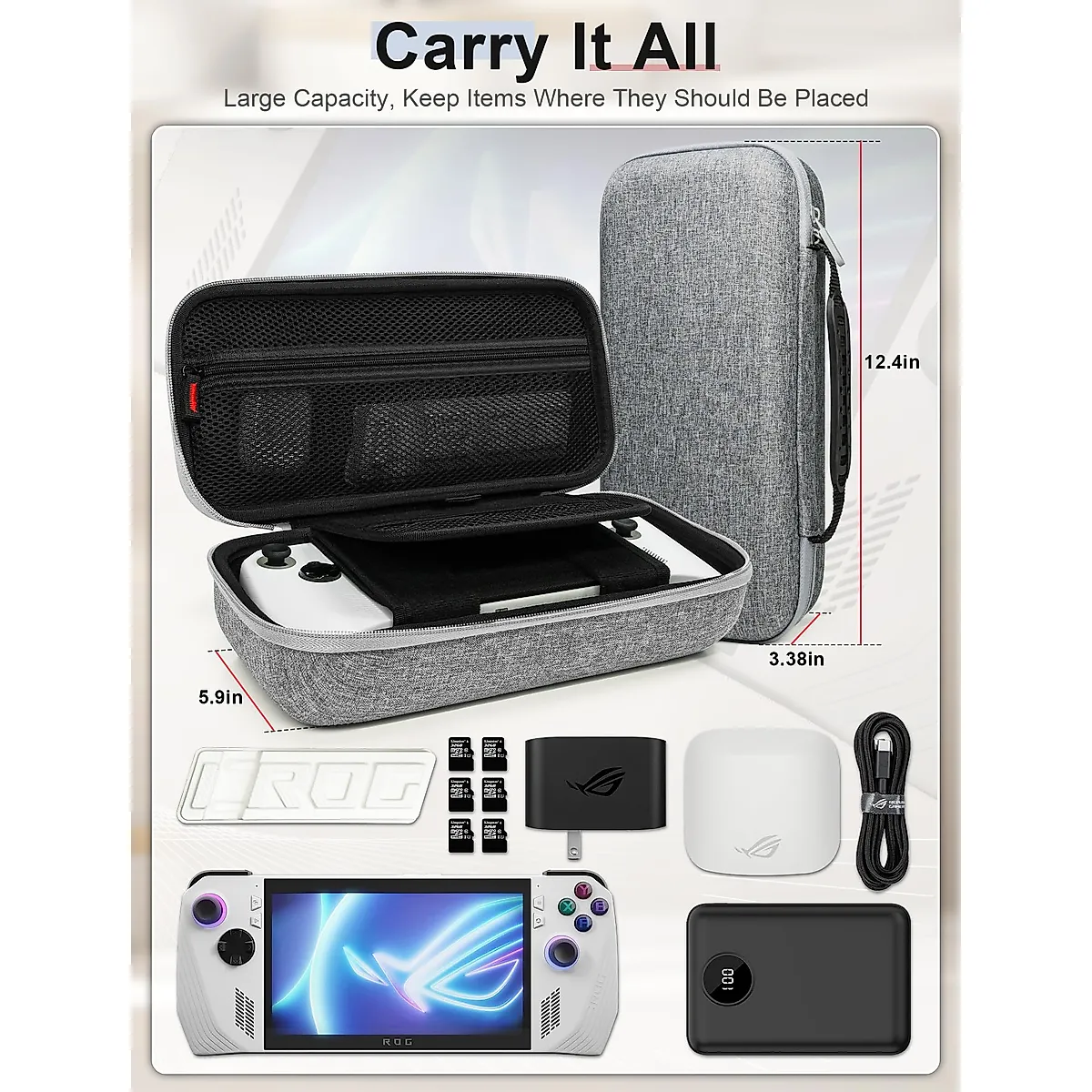 Lersyco Carrying Case for Rog Ally, Rog Ally handheld case with hard shell, Gray Rog Ally carry bag, Protective Travel Case for Buttons/Joysticks protection
