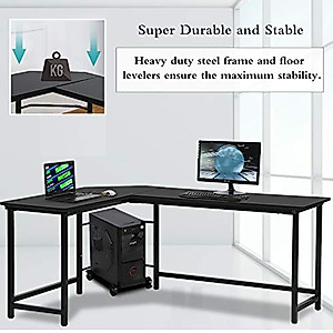 Computer Desk Modern L Shaped Desk, L Corner Desk Gaming Desk PC Laptop Study Wood Table Workstation,Home Office Save Space Study Writing Table with CPU Stand and 15mm MDF,66 Inch,Wood & Metal (Black)