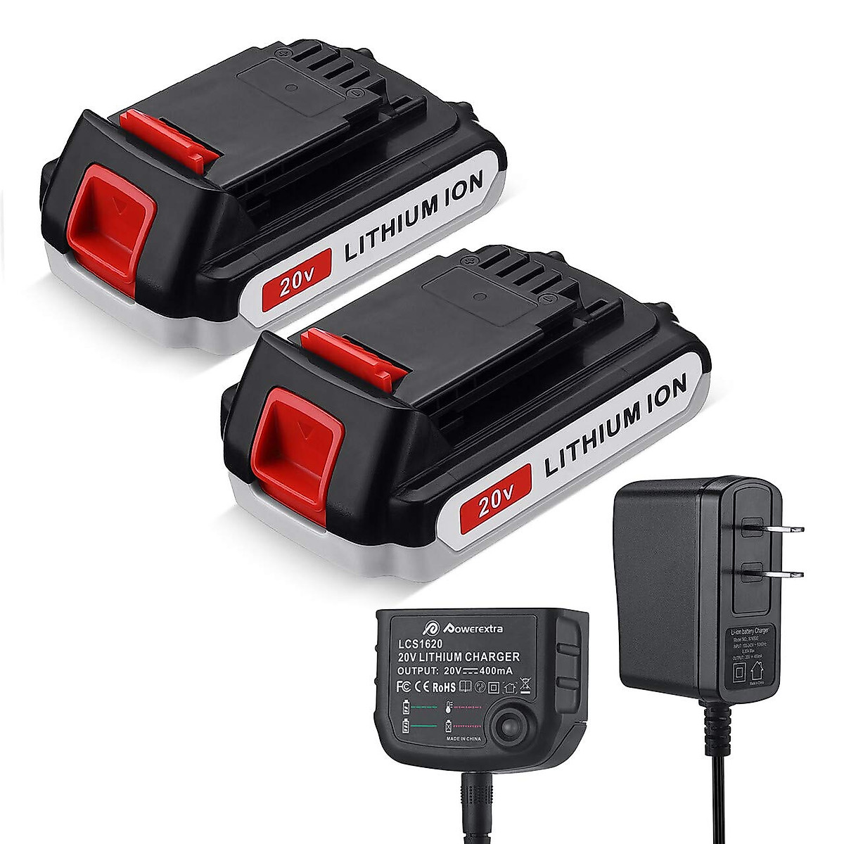 Powerextra 2 Pack LBXR20 Battery 3.0Ah Replace for Black and Decker 20V MAX + 20V Charger for Black Decker 20V MAX 20V
