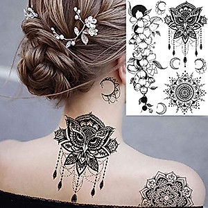 EGMBGM 28 Sheets Tribal Black Temporary Tattoos For Women Girls, Waterproof Fake Tattoos Temporary Elephant Ganesha Lace Tattoo Kits, Lotus Mandala Flower Tatoo Sticker Moon Neck Chest Arm Butterfly