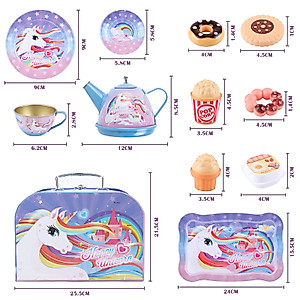 Golray Tea Party Set for Toddlers Girls Toys, Unicorn Gift for 3 4 5 6 Years Old, Tin Tea Set & Carrying Case & Food Treats Playset, Kids Kitchen Pretend Play for Age 3-6 Girls Birthday Gift Idea
