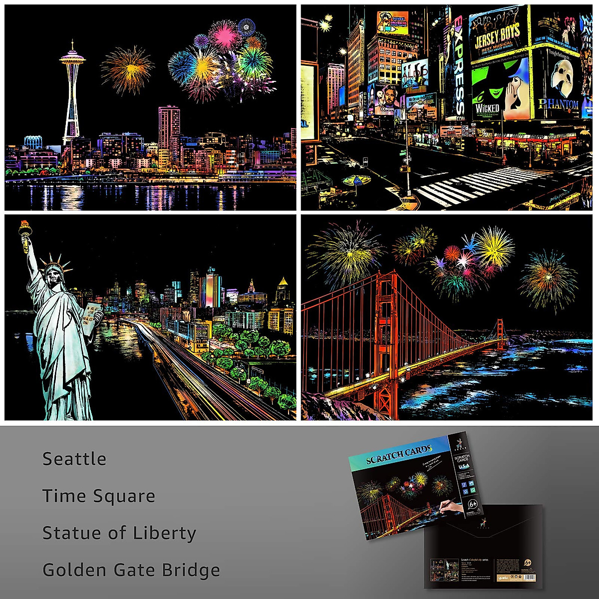 Scratch Art for Teens & Adults, Rainbow Engraving Painting Landscape Scratchboard(A4) Crafts Set: 8 Sheets with 4 Tools - New York, Statue of Liberty, Golden Gate Bridge, Manarola (America/Europe)