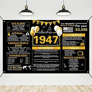 Crenics Black Gold 76th Birthday Decorations, Vintage Back in 1947 Birthday Backdrop Banner, Large 76 Years Old Birthday Anniversary Poster Photo Background Party Supplies for Women Men, 5.9 x 3.6 Ft