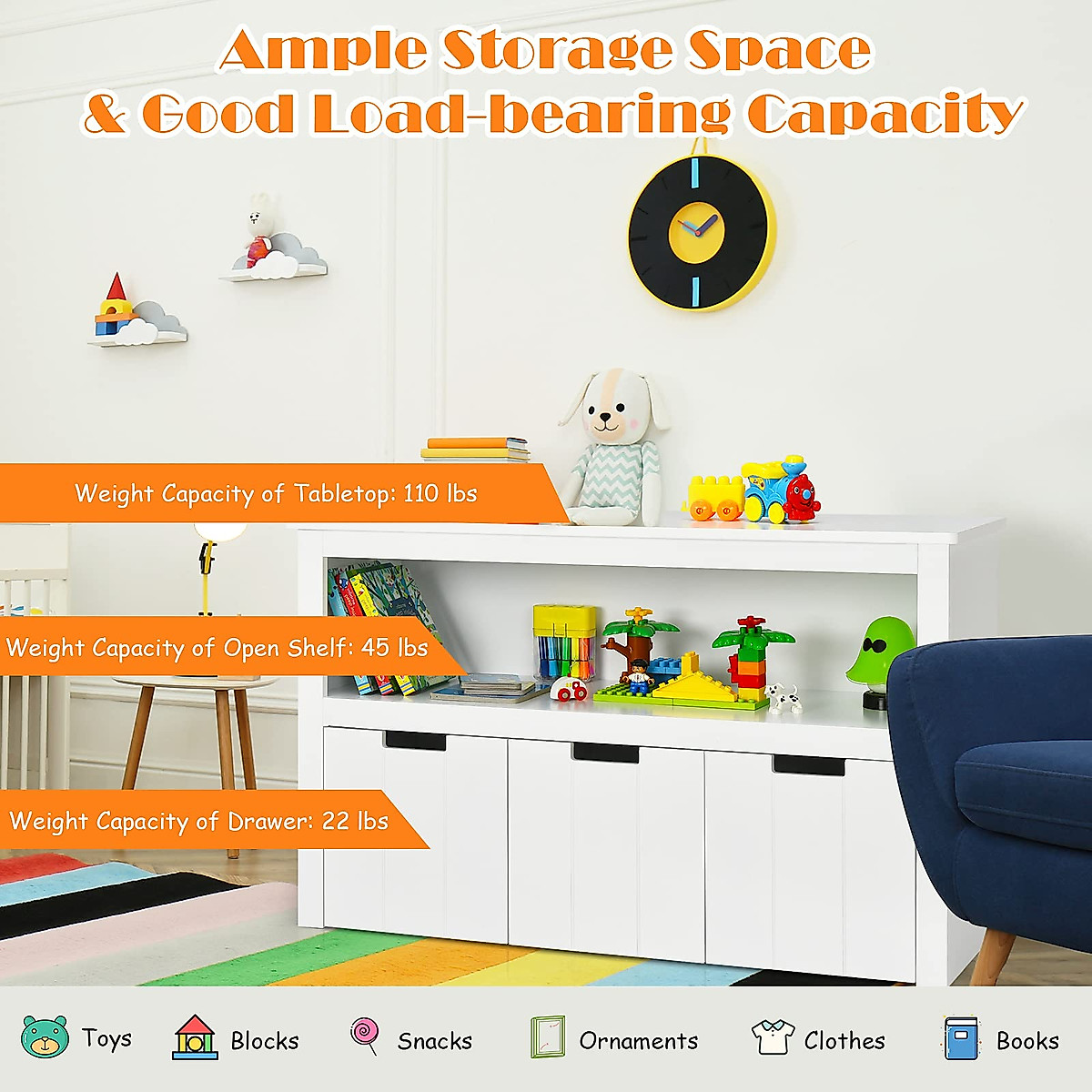 Costzon Toy Storage Organizer, Wooden Toy Bin Chest with 3 Removable Drawers, Rolling Wheels, Large Open Shelf, Toddler Bookshelf for Nursery, Playroom, Kindergarten, Living Room (White)