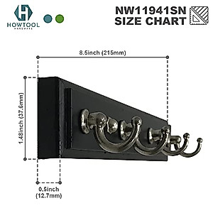 HOWTOOL Key Hook Rail Wall Mounted & Self Adhesive 4 Hooks Black & Satin Nickel