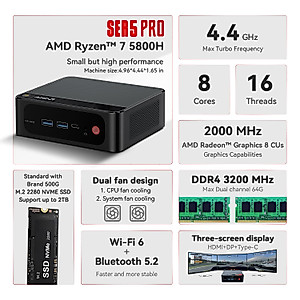 Beelink SER5 Mini PC,AMD Ryzen 7 5800H PRO(8C/16T,up to 4.4GHz),Mini Computer with 16GB DDR4 RAM/500GB M.2 2280 SSD,Micro PC Support 4K FPS,WiFi6/BT5.2/USB3.2/Home/Office/Game