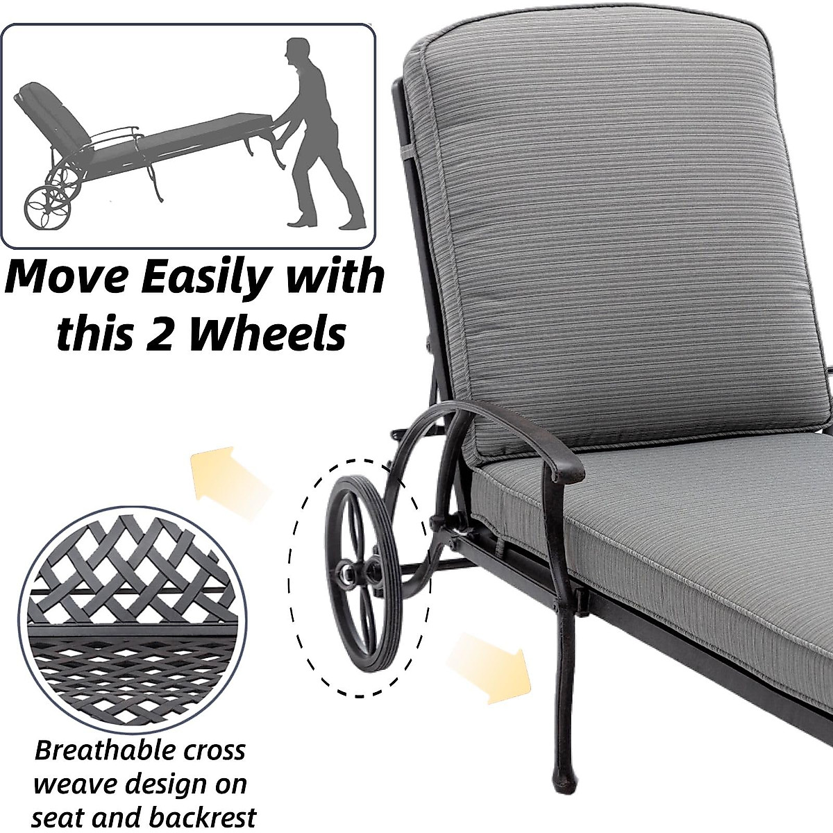 Luccalily Chaise Lounge Outdoor Chair with Wheels, Adjustable Reclining Rust-Resistant Aluminum Cast Poolside Chaise Lounge Furniture with Waterproof Grey Cushion (1pc)