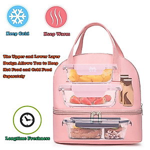 Lovyan Insulated Lunch Bag Double Deck Simple Bento Cooler Bag Water-resistant Lunch Tote Bag for Lunch Box for Women Men Adult Picnic Working Hiking Beach (Pink)