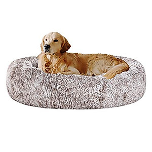 Coohom Oval Calming Donut Cuddler Dog Bed,Shag Faux Fur Cat Bed Washable Round Pillow Pet Bed(30"/36"/43") for Small Medium Dogs (XL(36"x27"x7"),Light Brown)