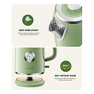 Electric Kettle, 1.8 L Hot Water Boiler Heater with Thermometer, 1500W Retro Electric Tea and Water Kettle with LED Indicator, 100% Stainless Steel, Auto Shut-Off & Boil-Dry Protection, Retro Green