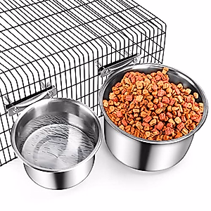 Dog Food & Water Bowl, ShineMe 2 Pack Stainless Steel Pet Bowls for Dogs and Cats Hanging in Cage Crate Kennel, Non-Slip Metal Feeder for Medium and Large Pets (7.1 * 3.5” & 5.5 * 3.2”)