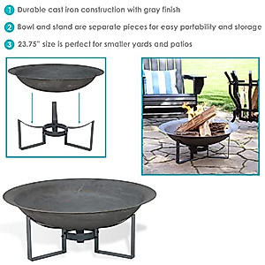 Sunnydaze 24-Inch Cast Iron Modern Fire Pit Bowl with Stand - Lightweight and Portable Design