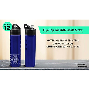 DISCOUNT PROMOS Custom Slim Stainless Steel Water Bottles 25 oz, 12 pack, Personalized Text, Logo, Reusable Gym Sports Bulk Pack, Blue