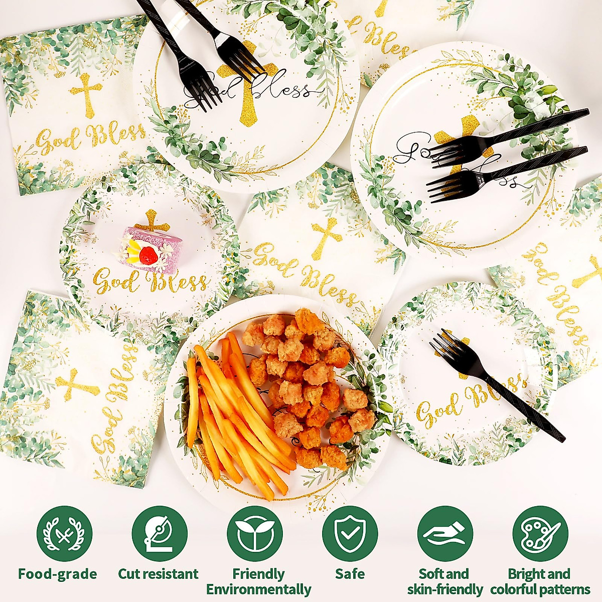 98pcs God Bless Plates Baptism Tableware First Holy Communion Mi Bautizo Disposable Tableware Set with Plates Napkins Tablecloth for Newborn Baby Shower Party Christening Religious Party Decorations