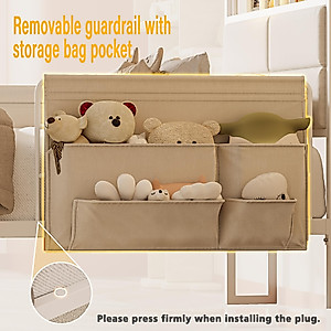 LIKIMIO Twin Bed Frame with Guardrail & Bedside Caddy, Multifunctional Headboard with Charging Station, Durable Metal Platform Bed, Noise-Free, No Box Spring Needed, White