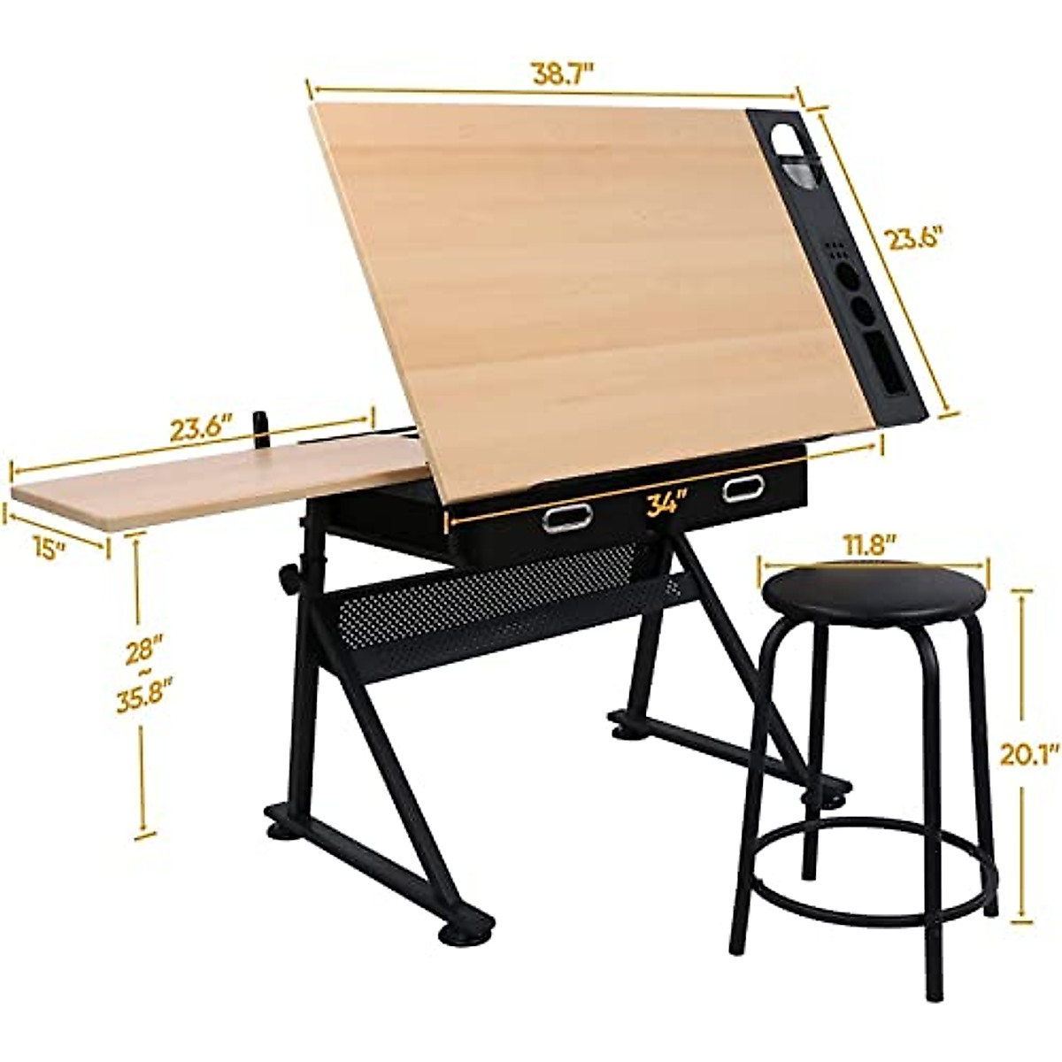 BBBuy MDF Drafting Table Desk Art&Craft Work Station Drawing Desk Height Adjustable Craft Table w/Stool and 2 Storage Drawers for Home Office School Study Room