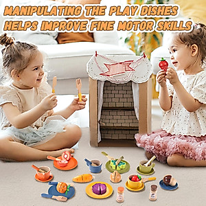 GAGAKU Wooden Play Food Sets for Kids Kitchen, Montessori Wooden Play Food Toys with Plates and Dishes for Toddler Boys & Girls Gifts