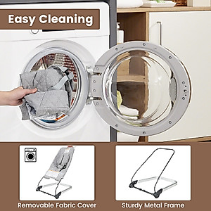 BABY JOY Baby Bouncer, Foldable Baby Bouncer Seat with 5-Point Safety Harness, Removable Fabric Cover & 3 Plush Toys, Portable Infant Bouncer for Babies 0-6 Months (Grey)