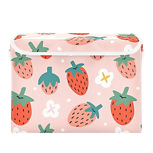 Kigai Storage Basket Cute Strawberry Storage Boxes with Lids and Handle, Large Storage Cube Bin Collapsible for Shelves Closet Bedroom Living Room, 16.5x12.6x11.8 In