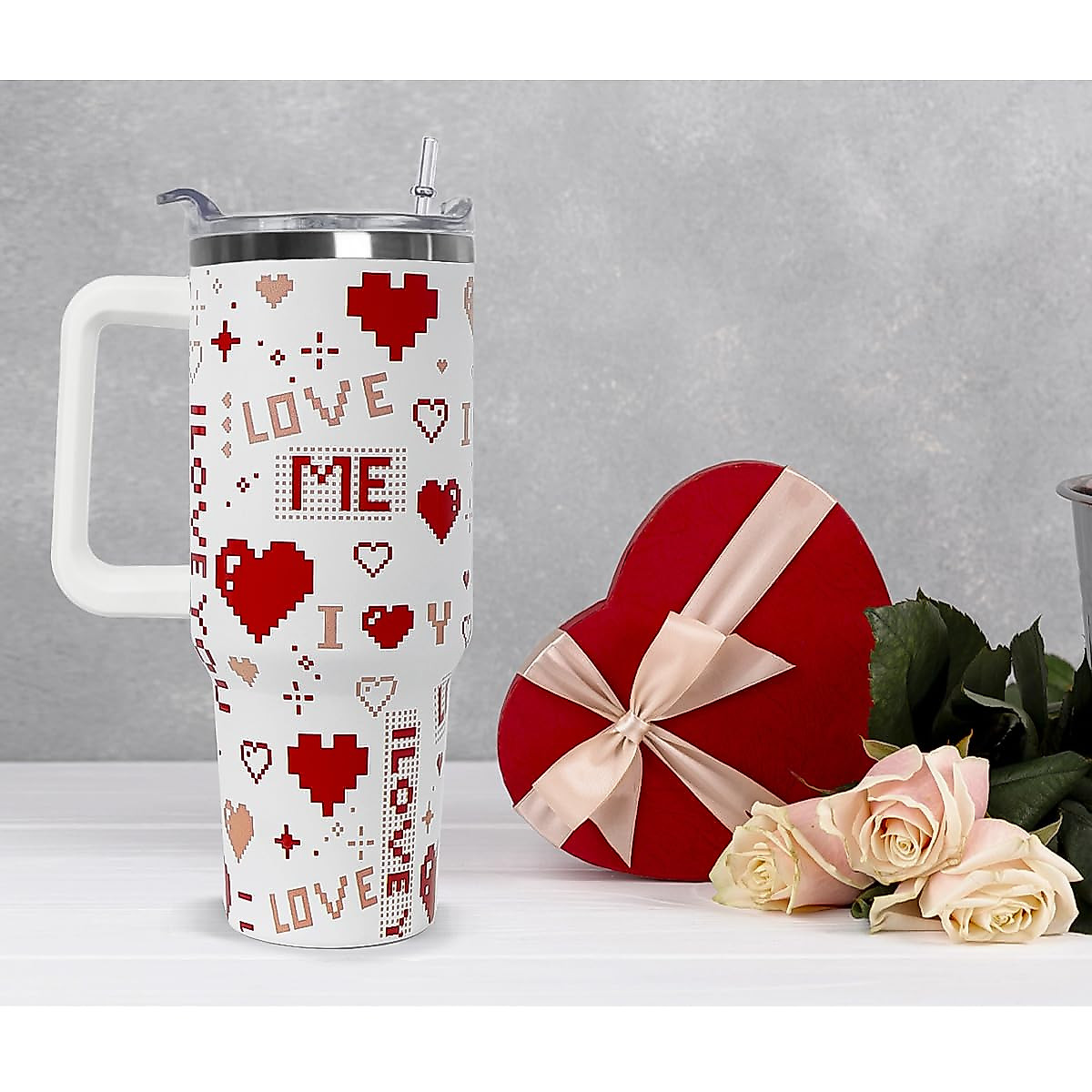 Nqhsionv Valentines Tumbler with Handle 40 oz 5D Pixel Style Love Hearts Coffee Travel Mug Stainless Steel Insulated Cup Valentines Anniversary Wedding Birthday Gifts for Women