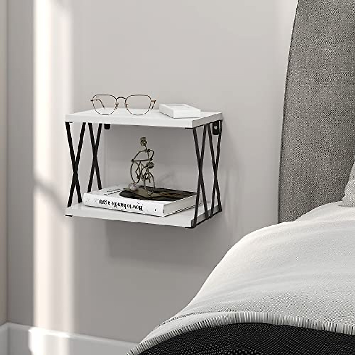 Afuly Bedside Table Wall Mounted, 2 Tier Rustic Wood Floating Nightstand for Bedroom Decor Storage, Black Wall Bedside Shelf for Home Livingroom Bathroom Kitchen Decorative