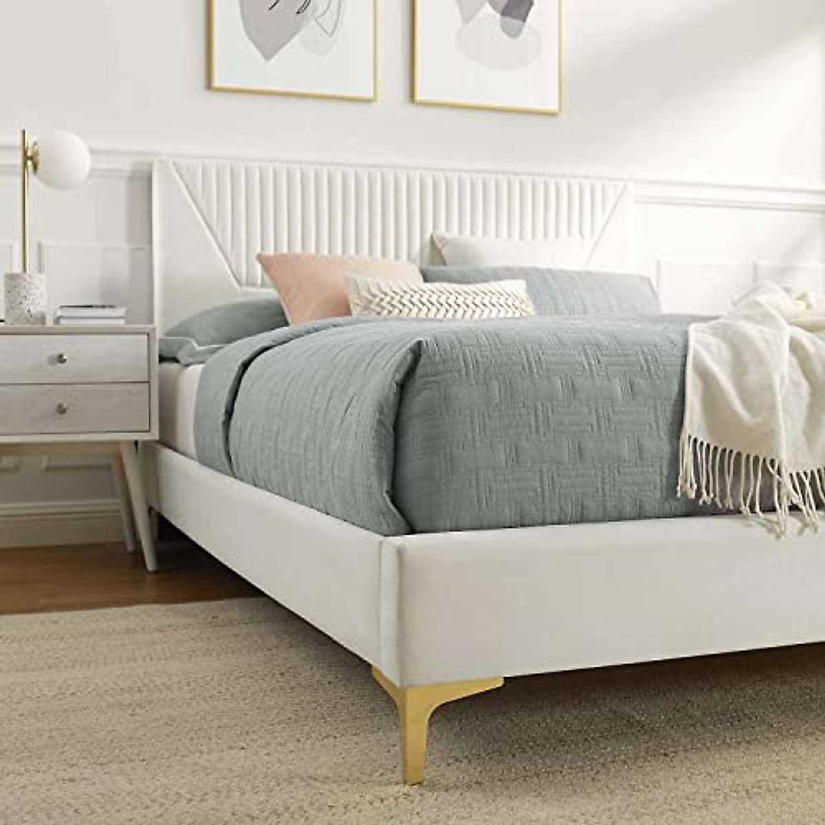 Modway Yasmine Channel Tufted Performance Velvet Full Platform Bed in White