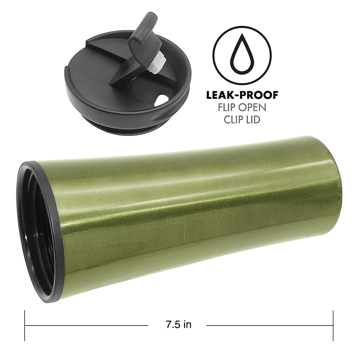 Oggi CONTOUR Stainless Steel Travel Tumbler - Olive, 16 oz, with flip open lid for hot and cold beverages.