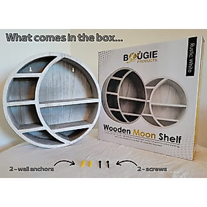 BOUGIE PRODUCTS Moon Shelf Rustic White - Floating Wall-Mounted 14" x 3.5" Wooden Crescent Moon Shelf for Bathroom, Bedroom, Living Room & Kitchen - Display for Crystals, Stones, and Essential Oils