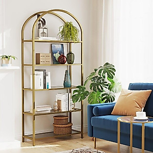 5-Tier Open Bookshelf, 72,2" Industrial Arched Bookcase Storage Shelves with Metal Frame, Freestanding Display Rack Tall Shelving Unit for Office, Bedroom, Living Room (Gold)