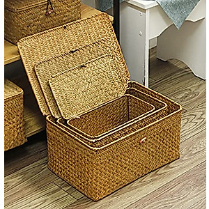 FEILANDUO Shelf Baskets with Lids Set of 3 for Home Decor Seagrass Storage Baskets Wicker Rattan Woven Rectangular Organizer Boxes ((Large) S/M/L, Original)