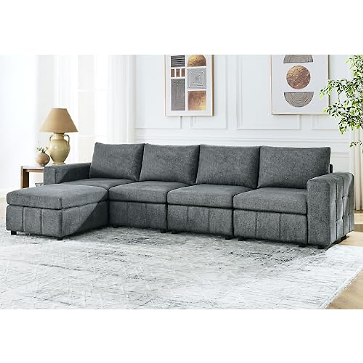 EZLUX Upholstered Modular Sofa Set, L-Shaped Sectional Couch with Ottoman for Living Room Apartment, Gray