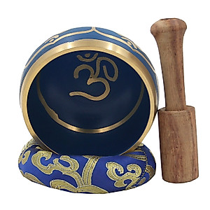 DharmaObjects® Tibetan Blue Yoga Meditation OM Singing Bowl Mallet Cushion Box Gift Set (Navy Blue)
