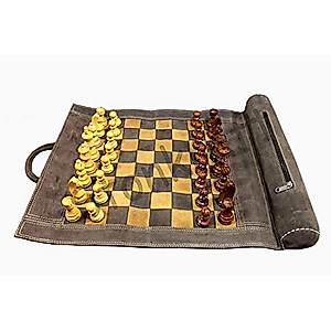 Stonkraft - 19" x 15" (Chess Board Size 12" x 12") Genuine Roll-Up Leather Chess Set - with Wooden Chess Pieces - Brown | with Innovative Carry Pouch