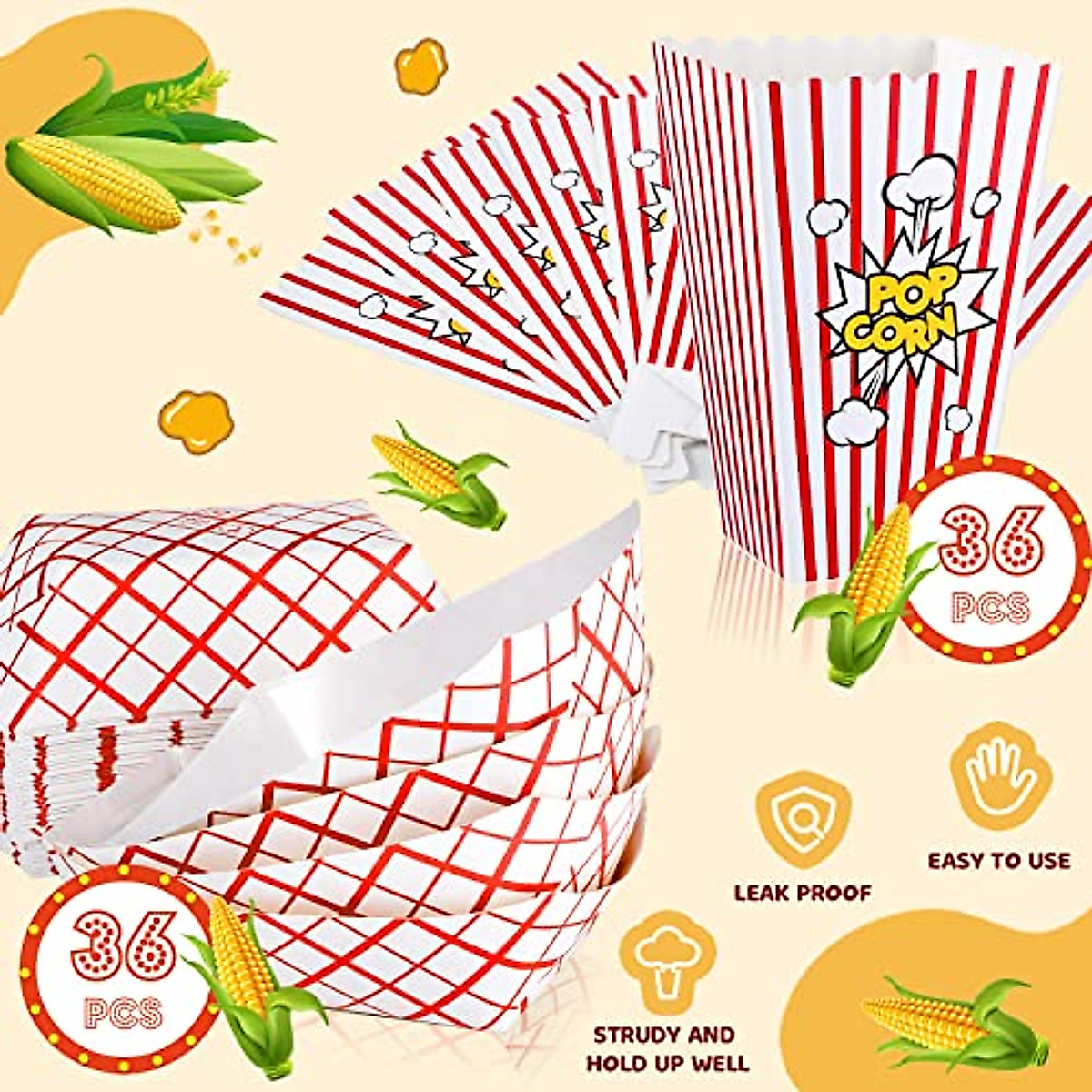 Sawysine 72 PCS Movie Party Supplies Include 36 Pcs Movie Night Popcorn Boxes and 36 Pcs Paper Food Trays Plastic Red White Striped Classic Popcorn Containers for Movie Night Theater Carnival Circus
