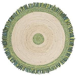 SAFAVIEH Cape Cod Collection 3' Round Green / Natural CAP212Y Handmade Boho Fringe Jute & Cotton Area Rug