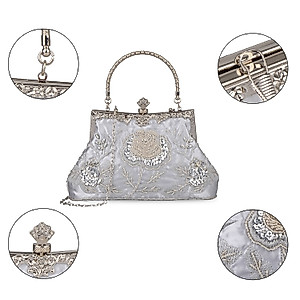 KISSCHIC Women's Handbag Vintage Rose Embroidered Beaded Sequin Evening Bag Wedding Party Clutch Purse (Silver)