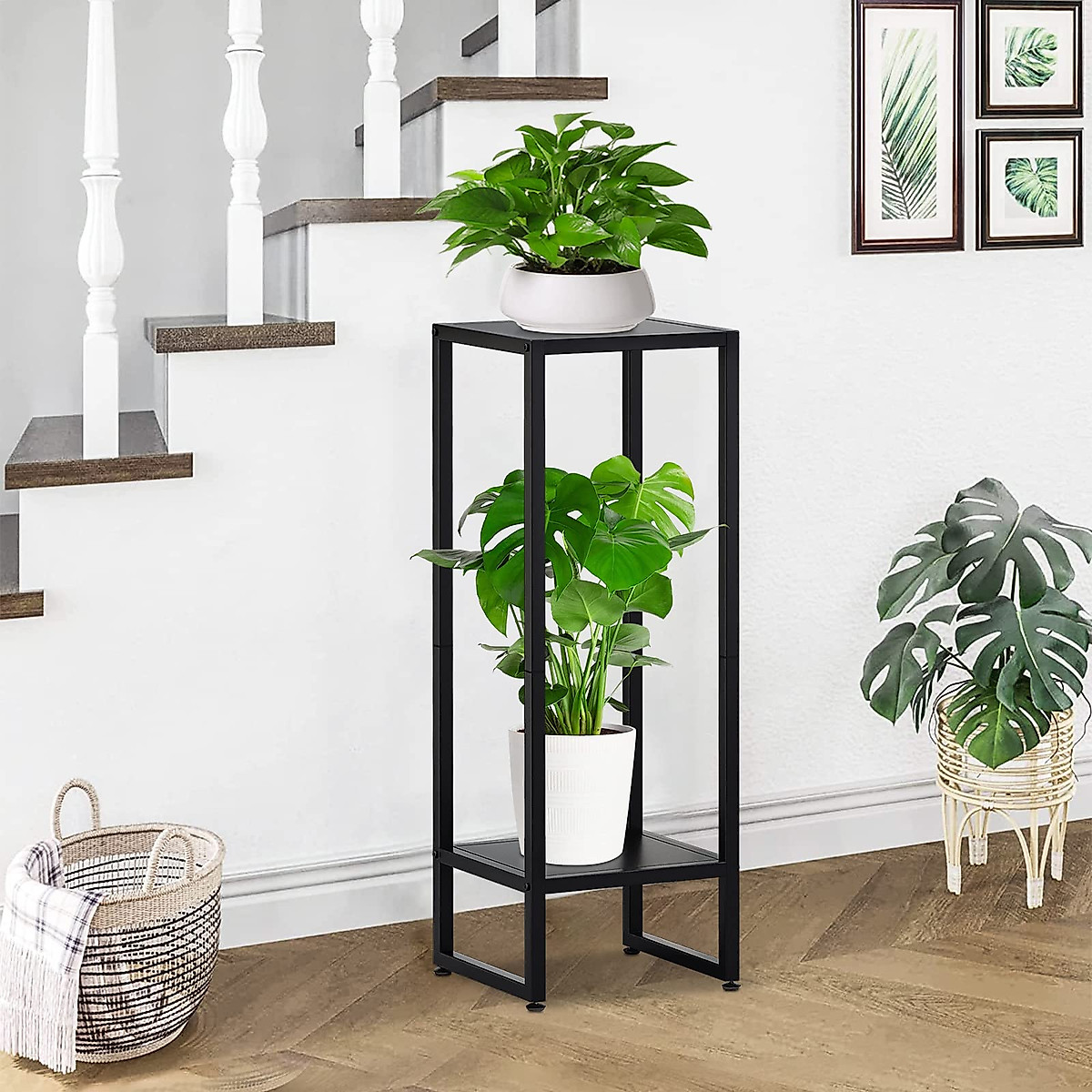 37.4" Tall Plant Stands Indoor, Plant Stand indoor Tall ,Plant Pedestal stand,Black Metal Plant Stands Indoor, 2- Tier Modern Corner Plant Stand Rack Shelves , Square Plant Tables for Corner Living