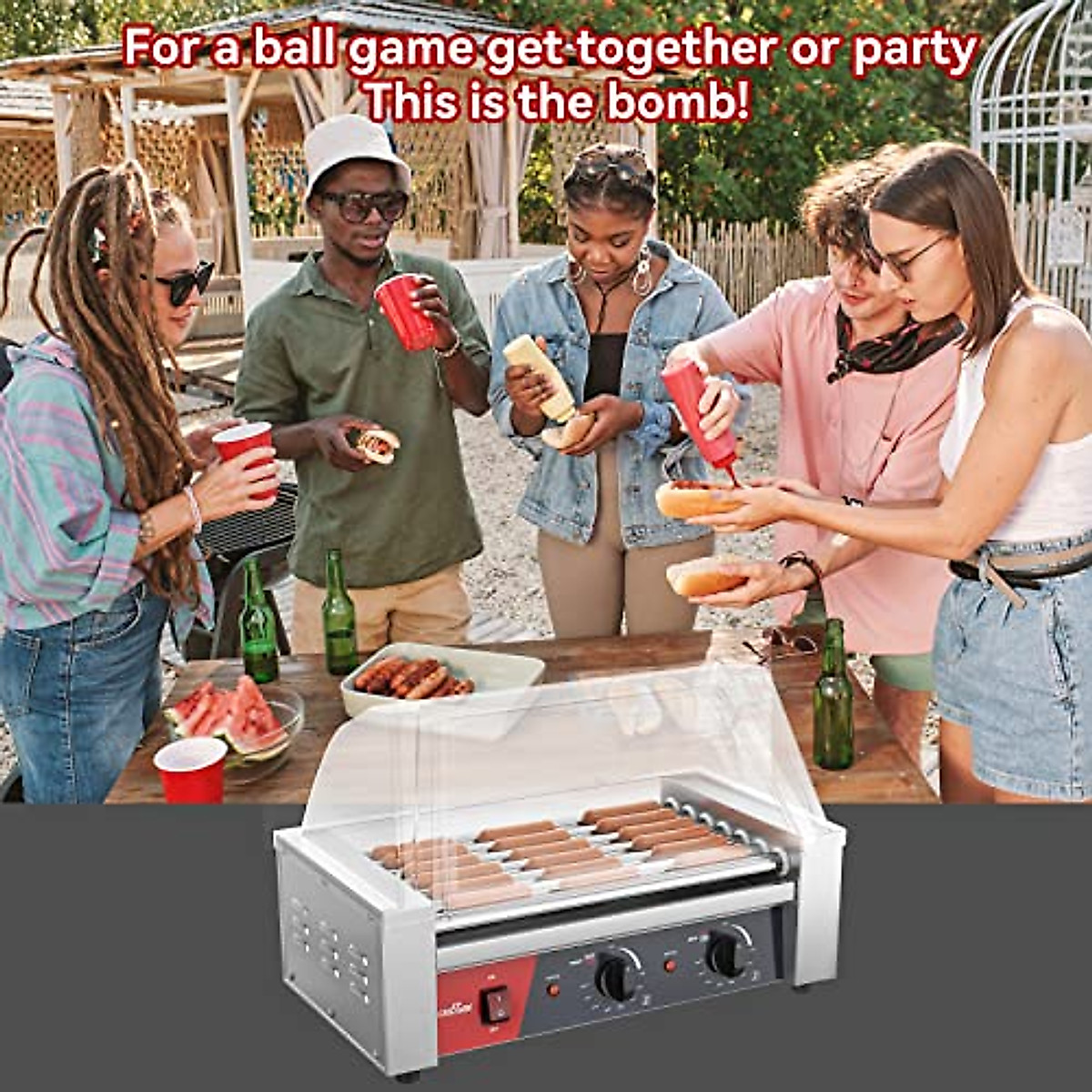 CROSSON Hot Dog 7 Roller Grill Cooker Machine with Transparent Sneeze Guard,7 Nonstick 304SS Rollers and Dual Temp Control,Commercial Hot Dog Cooker Machine-120V, 830W