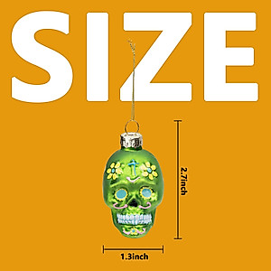 Watayo 12 PCS Day of The Dead Glass Ornaments-Dia De Los Muertos Sugar Skull Ornaments-Halloween Hanging Skeleton Head Decorations for Party Xmas Tree Decoration