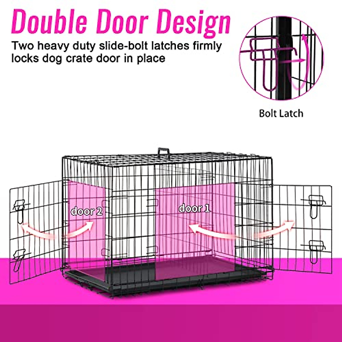 FDW Dog Crate Dog Cage Pet Crate for Large Dogs Folding Metal Pet Cage Double Door W/Divider Panel Indoor Outdoor Dog Kennel Leak-Proof Plastic Tray Wire Animal Cage (Black, 48 Inch)
