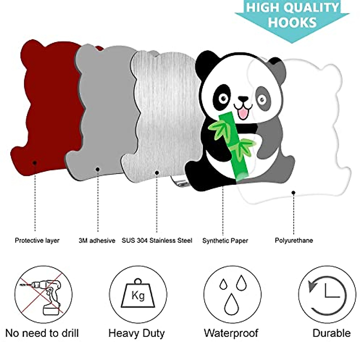 M MORCART Panda Wall Hangers Without Nails, Large Adhesive Hooks with Crystal-Like Glossy Surface, 4-Pack Heavy Duty Sticky Hooks for Hanging Keys Purse Towels Jewelry Calendar Backpack Mask