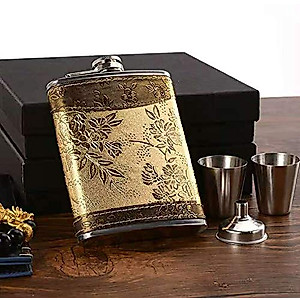 Golden pattern 8 Oz Gift 100% Stainless Steel(304/18-8 SS).Bonus 2 Shot Glass+1Funnel+1Giftbox.Flask Leak Proof Tested.Flask for Liquor/Alcohol.Flask for Men/Women
